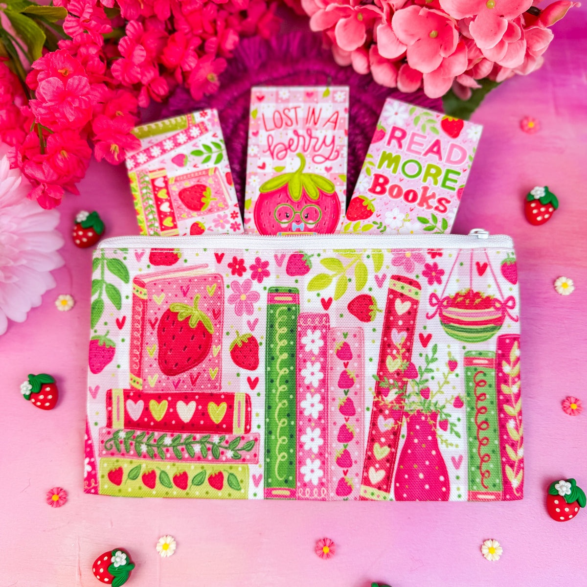 Strawberry Bookshelf Bookmark/Accessory Pouch – Emily Cromwell Designs